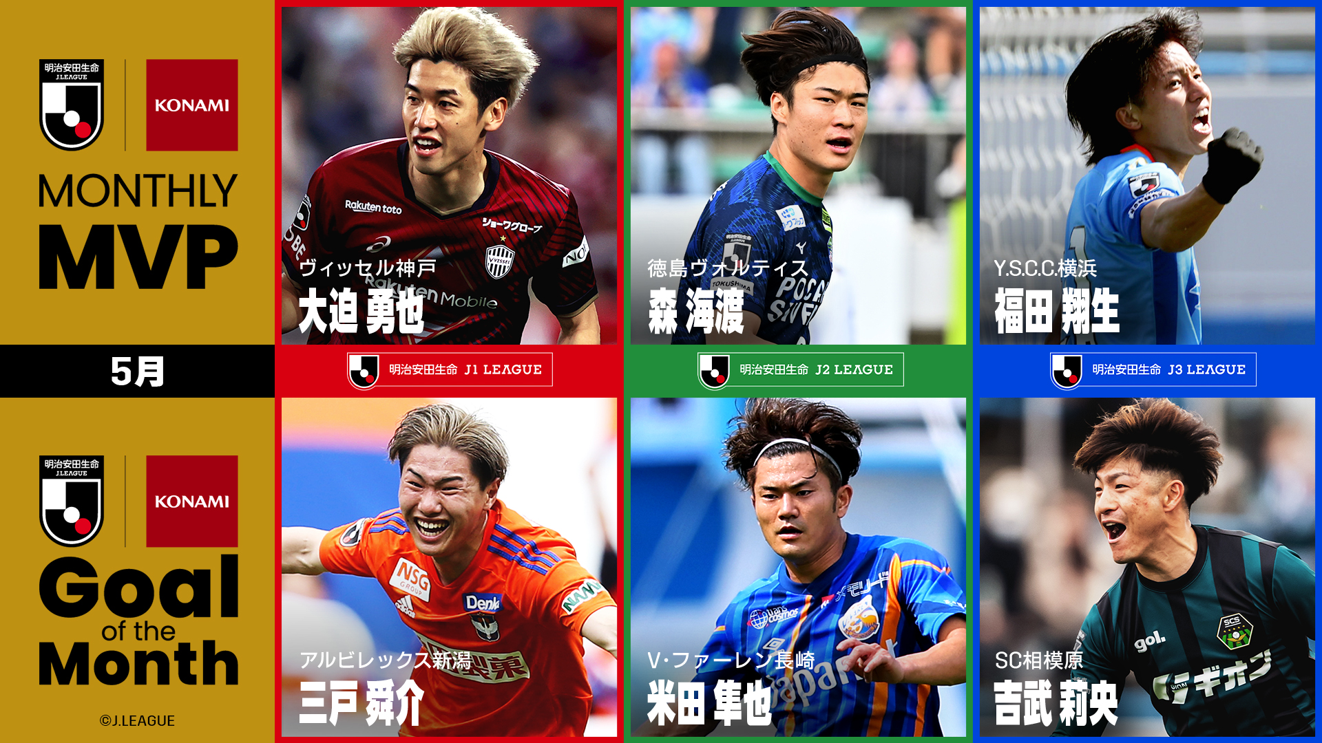 5月度の「明治安田生命Jリーグ KONAMI月間MVP」が発表。J1は5試合5ゴール3アシストと抜群の成績を残した神戸の大迫勇也が受賞｜Jリーグ | DAZN News JP
