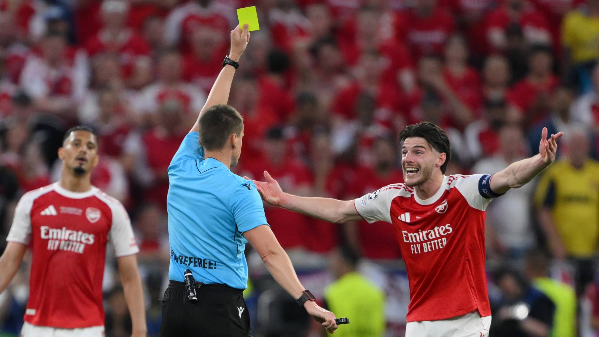 Arsenal's Declan Rice reacts to controversial penalty call in Champions ...