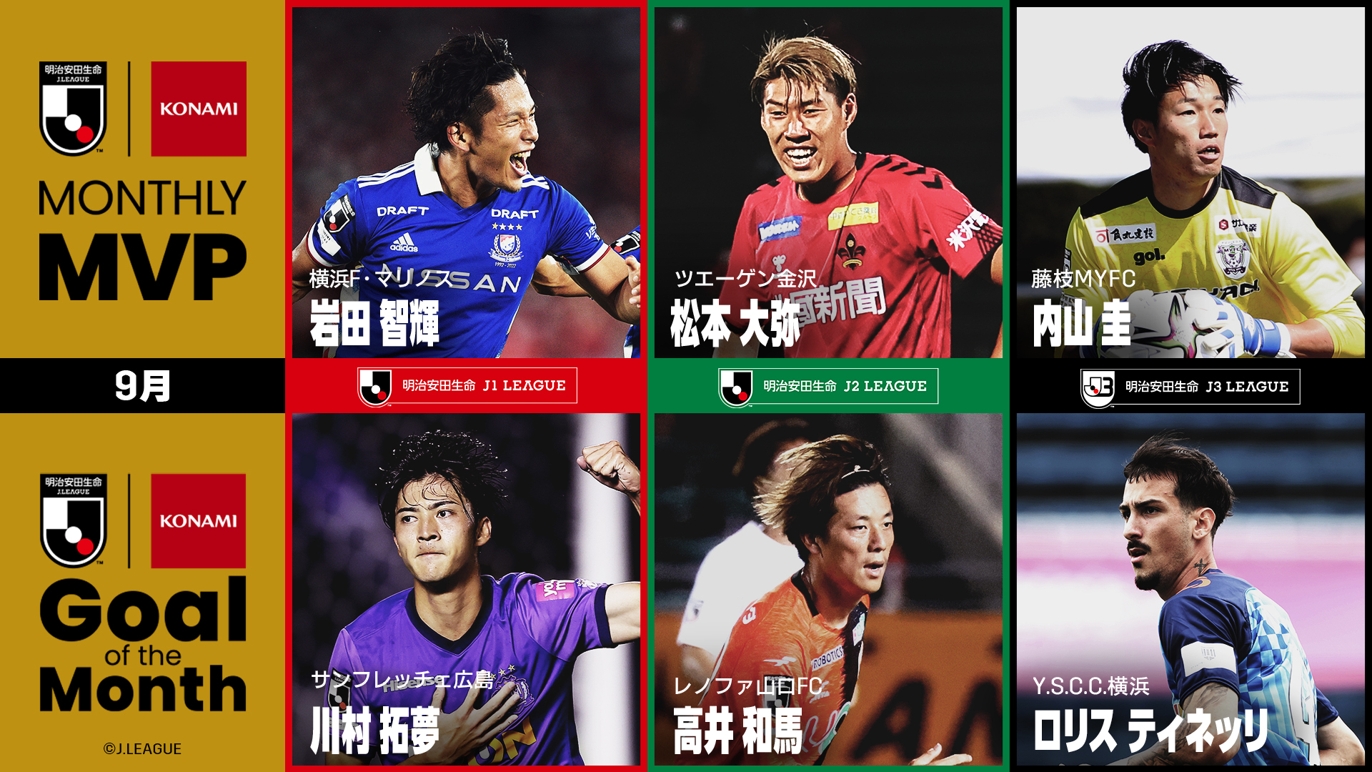 【動画】9月度月間表彰を発表！J1は”MVP”に横浜FMの岩田、”ベストゴール賞”には”超・長距離砲”を沈めた広島の川村が選ばれる ｜ Jリーグ | DAZN News JP