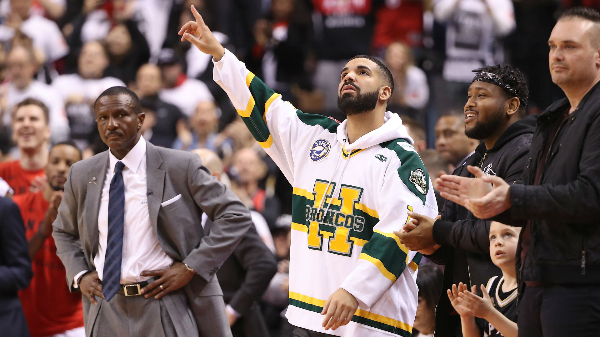Drake wears Humboldt hockey jersey to Raptors Game 1 | Sporting News Canada