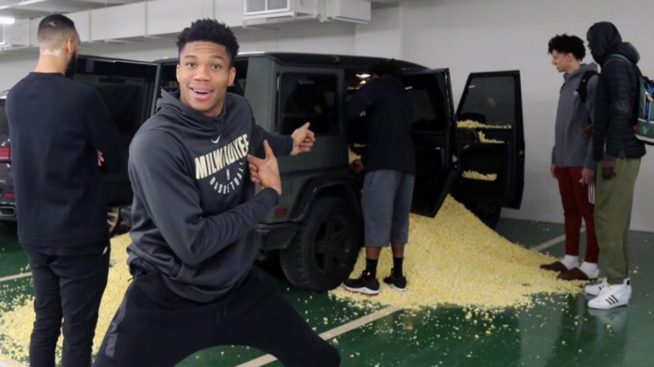 WATCH: Giannis Antetokounmpo fills Bucks rookie's car with popcorn ...